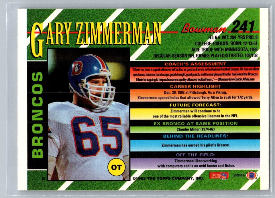 1993 TOPPS BOWMAN CARD # 241 Gary Zimmerman - Denver Broncos | eBay