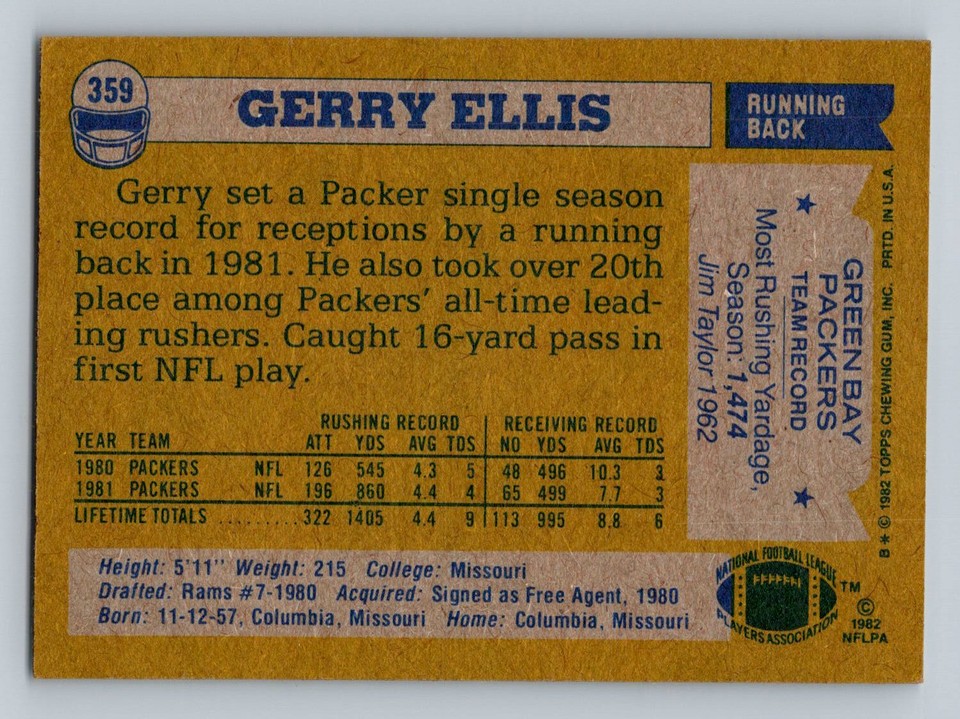 1982 Topps #359 Gerry Ellis Green Bay Packers | eBay