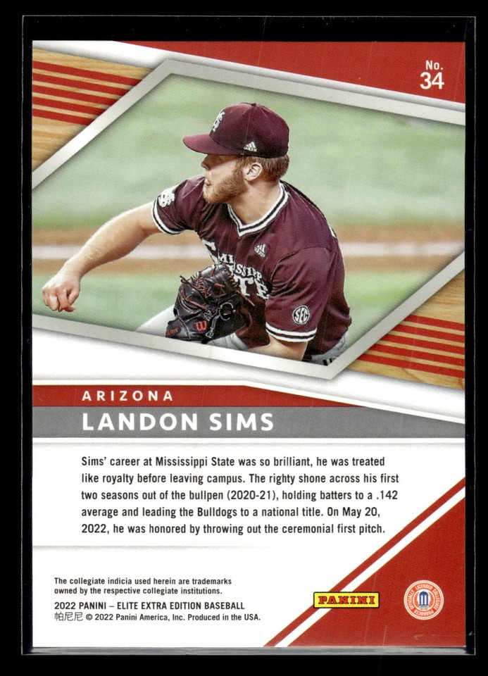 2022 Panini Elite Extra Edition #34 Landon Sims 989/999 Diamondbacks ...