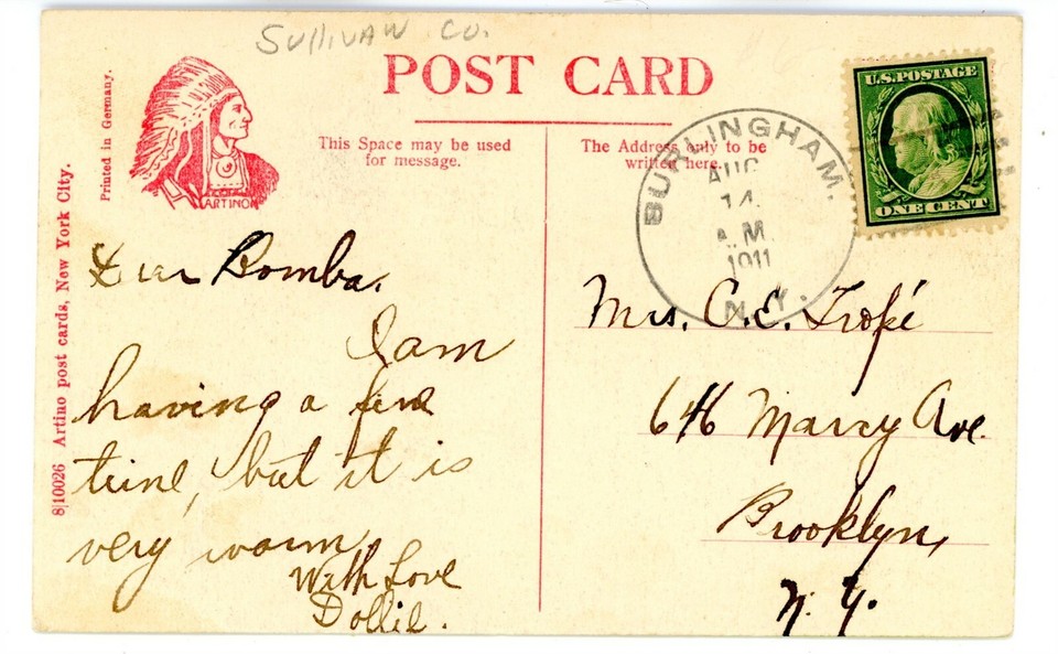 Burlingham NY-CENTER OF HAMLET-Handcolored Postcard Sullivan County nr ...