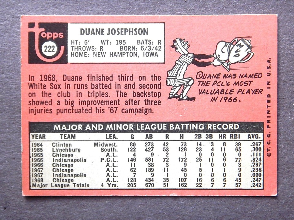 Duane Josephson #222 Topps 1969 Baseball Card (Chicago White Sox) *E | eBay