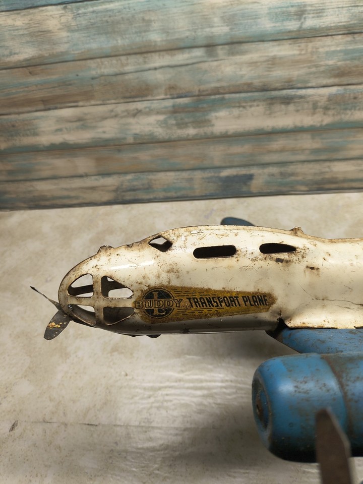 Large c40s Buddy L Pressed Steel TRANSPORT AIRPLANE Wood Wheels AS IS ...