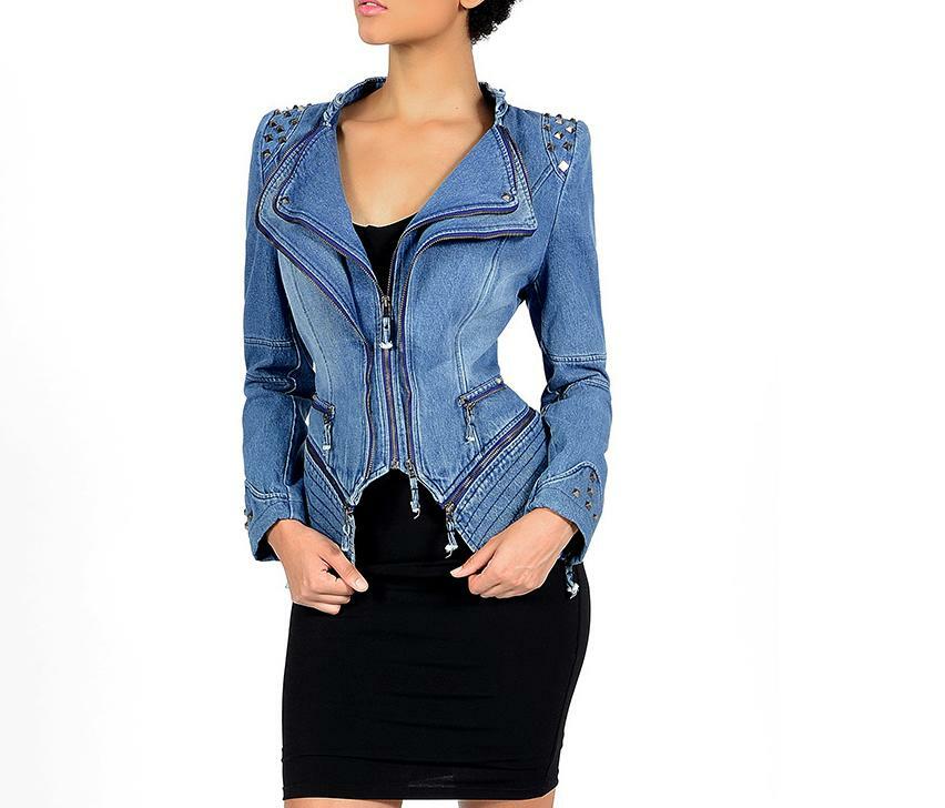 Women's Punk Rivet Denim Short Motorcycle Jacket Coat Slim Fit Zipper ...