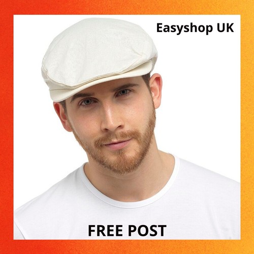 MENS FLAT CAP LINEN COTTON PEAKED BOWLING WORK CASUAL WHITE CREAM 2 ...