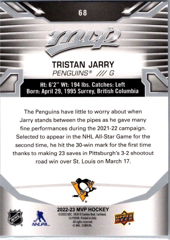 2022-23 Upper Deck MVP #68 Tristan Jarry | eBay
