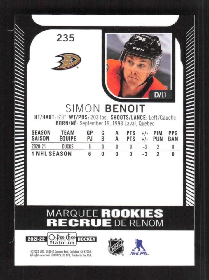 Simon Benoit RC 2021 O-Pee-Chee Platinum Marquee Rookies Anaheim Ducks ...
