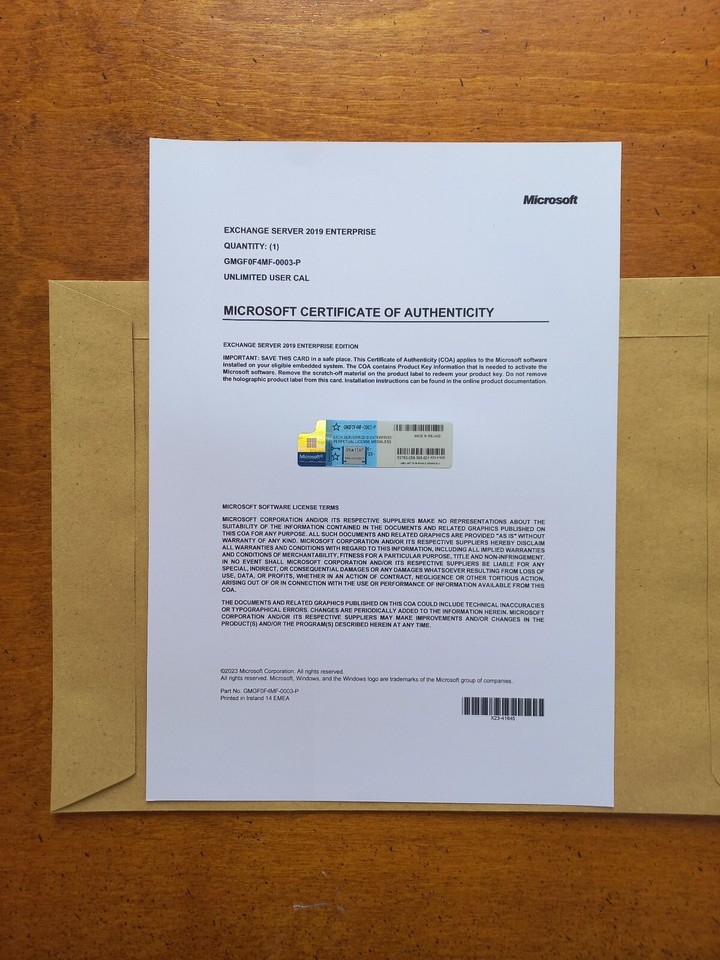 Microsoft Exchange Server 2019 ENTERPRISE w 1000 CAL CoA GMGF0F4MF ...