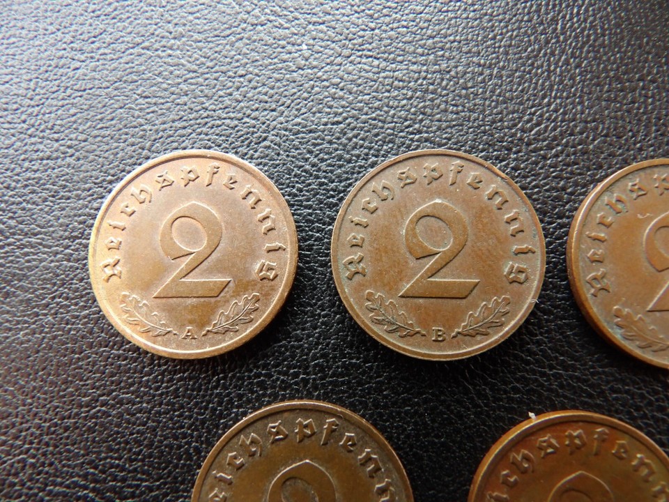Germany 1938 coin 2 reichspfennig full set A,B,D,E,F,G,J with swastika ...