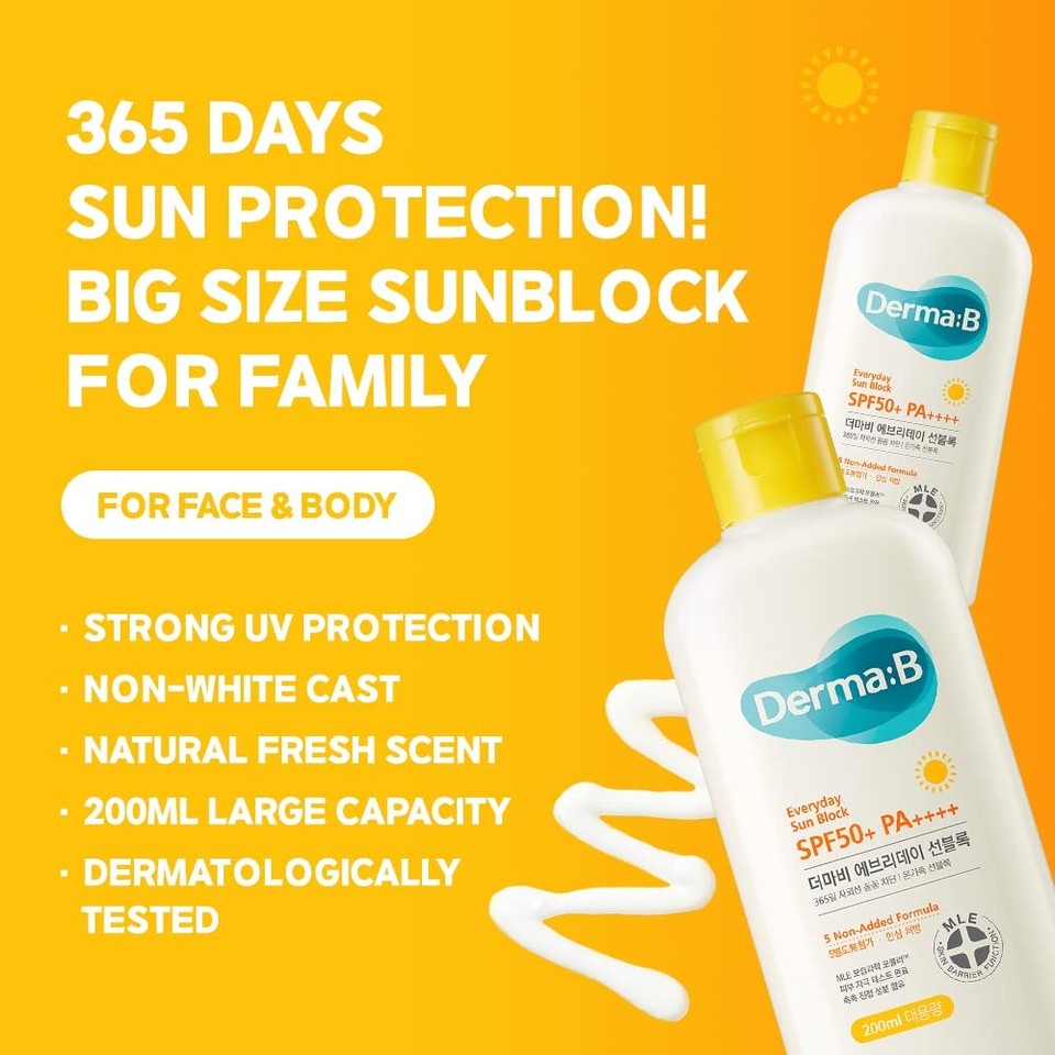 Derma B Everyday Sun Block Large Size Sunscreen SPF50+ PA++++ 6.71 Fl ...