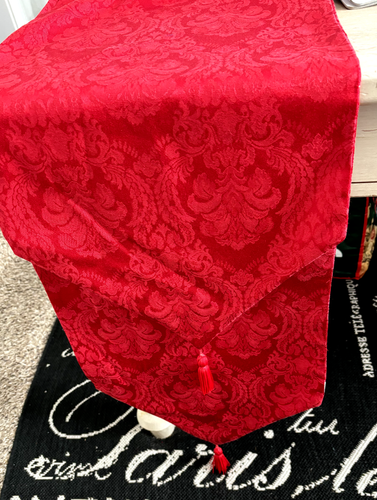 Vtg 9 Ft True Red Jacquard TABLE RUNNER Xmas 14WX108"L Pointed Tassel ...