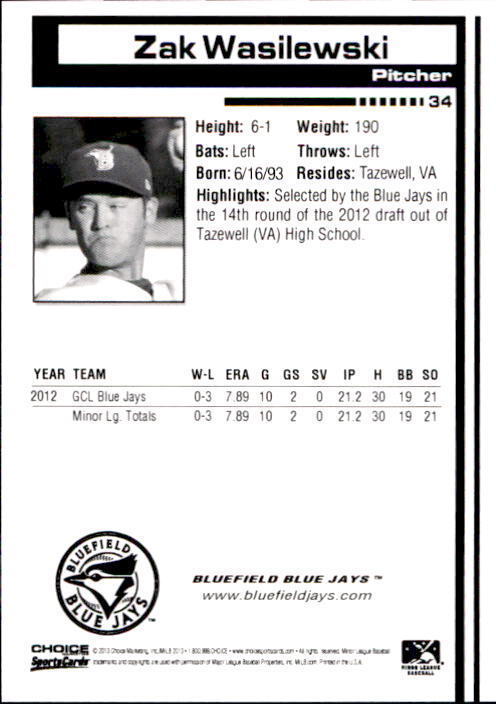 2013 Bluefield Blue Jays Choice #34 Zak Wasilewski Tazewell Virginia VA ...