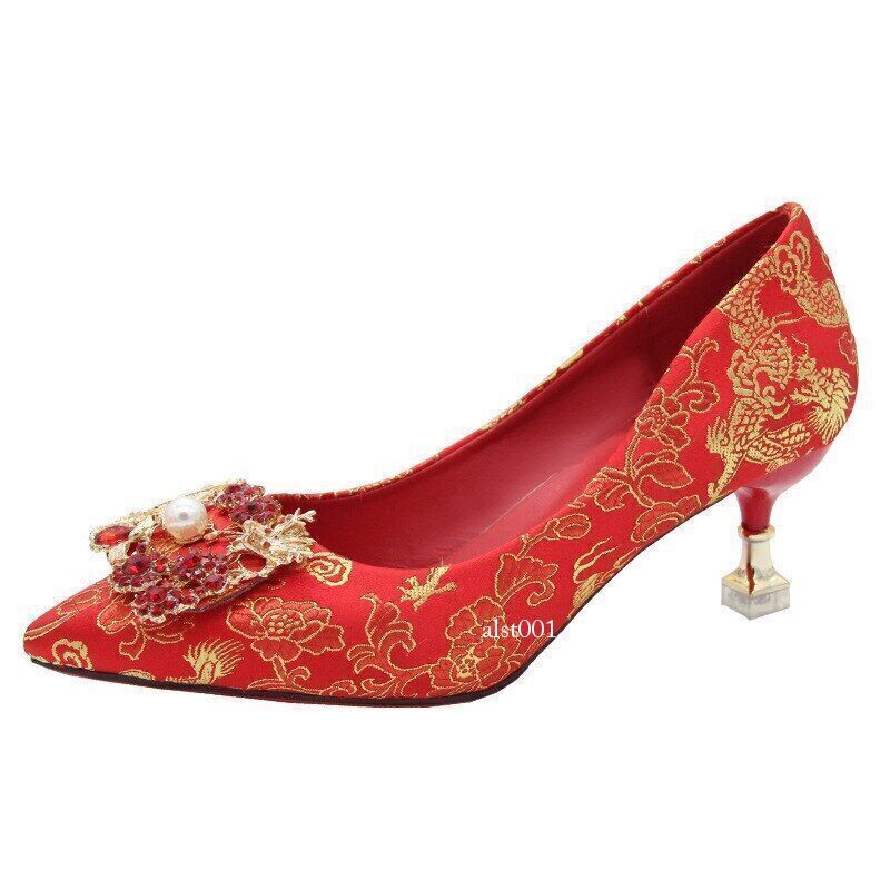 Chinese Style Women Wedding Shoes Low Thick Heel Pumps High Heels ...