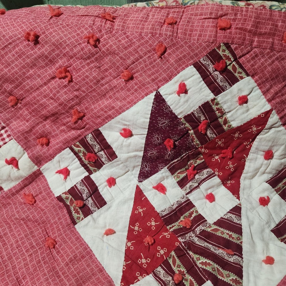 Antique Handmade Stitched Prim Folk Art Diamond Patchwork Cotton Quilt ...