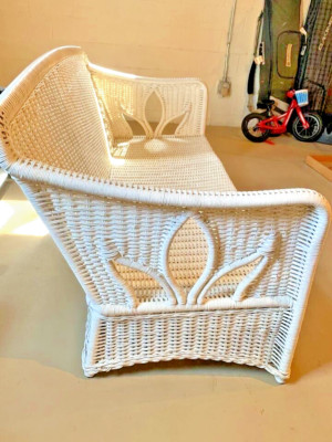 Mid Century Antique Large Rattan Wicker Couch-Lotus Cutouts, Scalloped ...