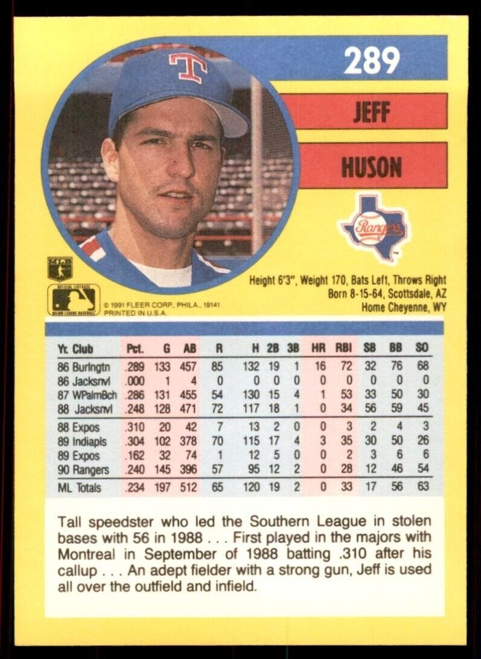 1991 Fleer Jeff Huson Baseball Cards #289 | eBay
