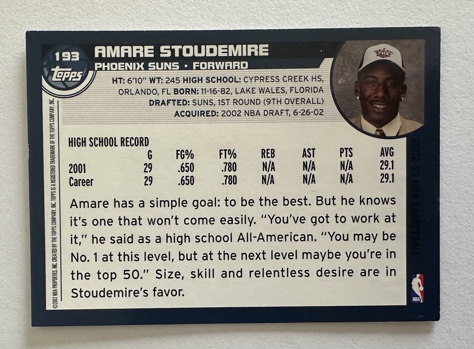 AMARE STOUDEMIRE 2002 TOPPS NBA BASKETBALL ROOKIE CARD #193 PHOENIX ...
