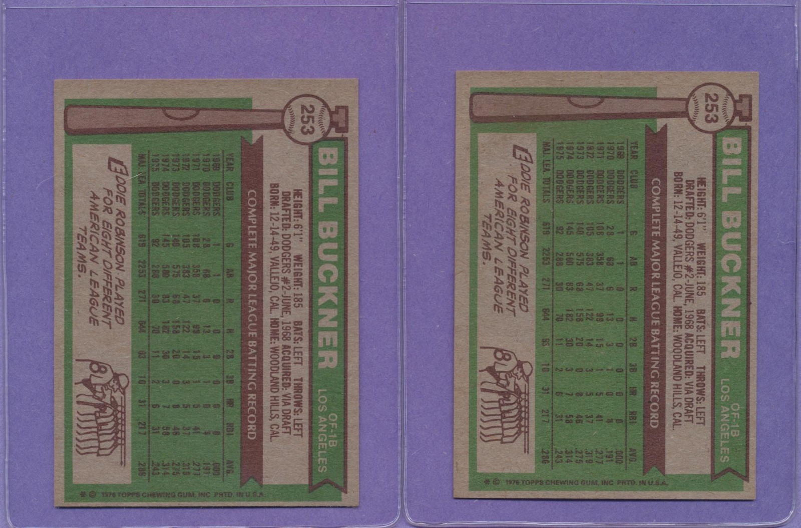 BLACKLESS ERROR 1976 Topps Bill Buckner #253 Card with Regular Version ...