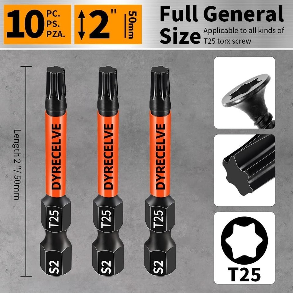 10-Pack T25 Torx Bits for Impact Driver, T-25 Torx/Star Bit Set 2 ...