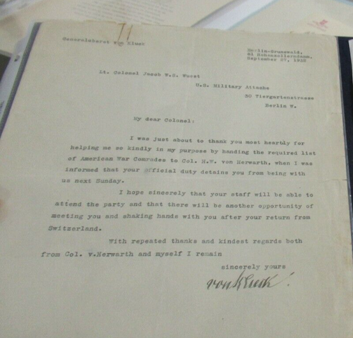 1932 Signed Letter from German General Von Kluck, to US Colonel Jacob ...
