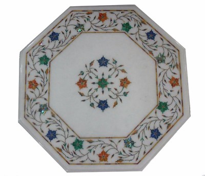 12" Marble Corner Table Top floral Inlay gemstones work Handmade Work ...