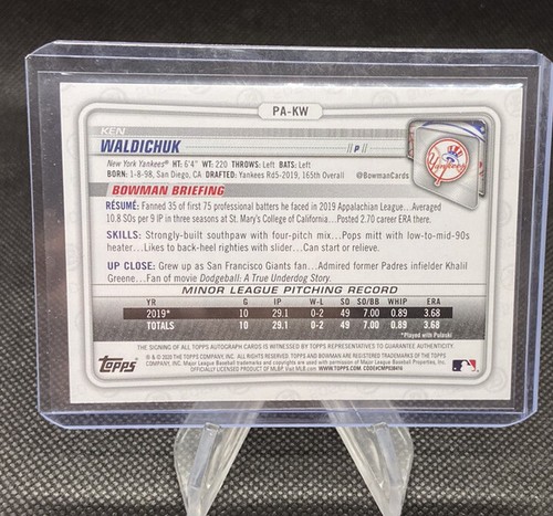 KEN WALDICHUK AUTO Card SP NY Yankees 2020 Top Prospect AUTOGRAPH #PA ...