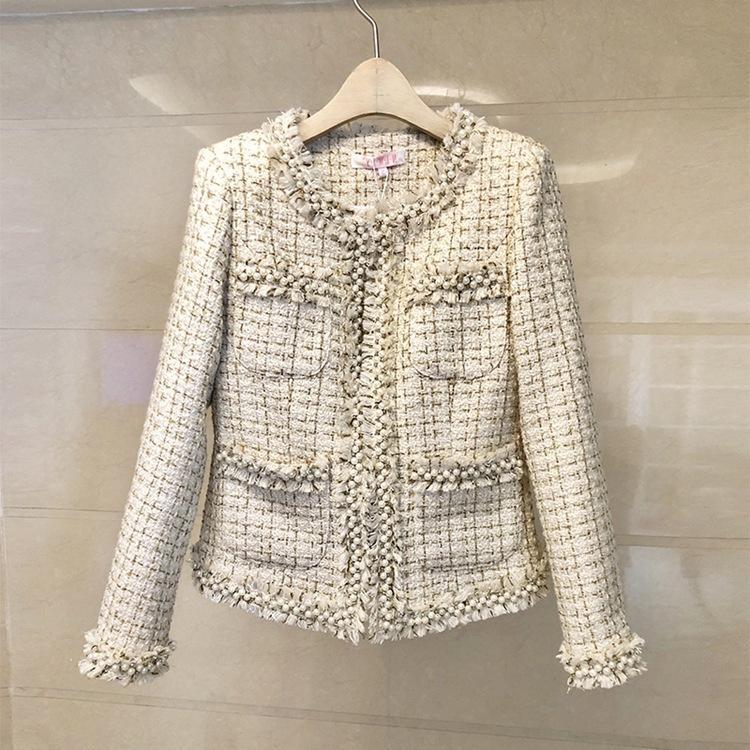 Women Short Round-neck Coat Tweed Bead Plaid Slim Fit Celebrity Fashion ...