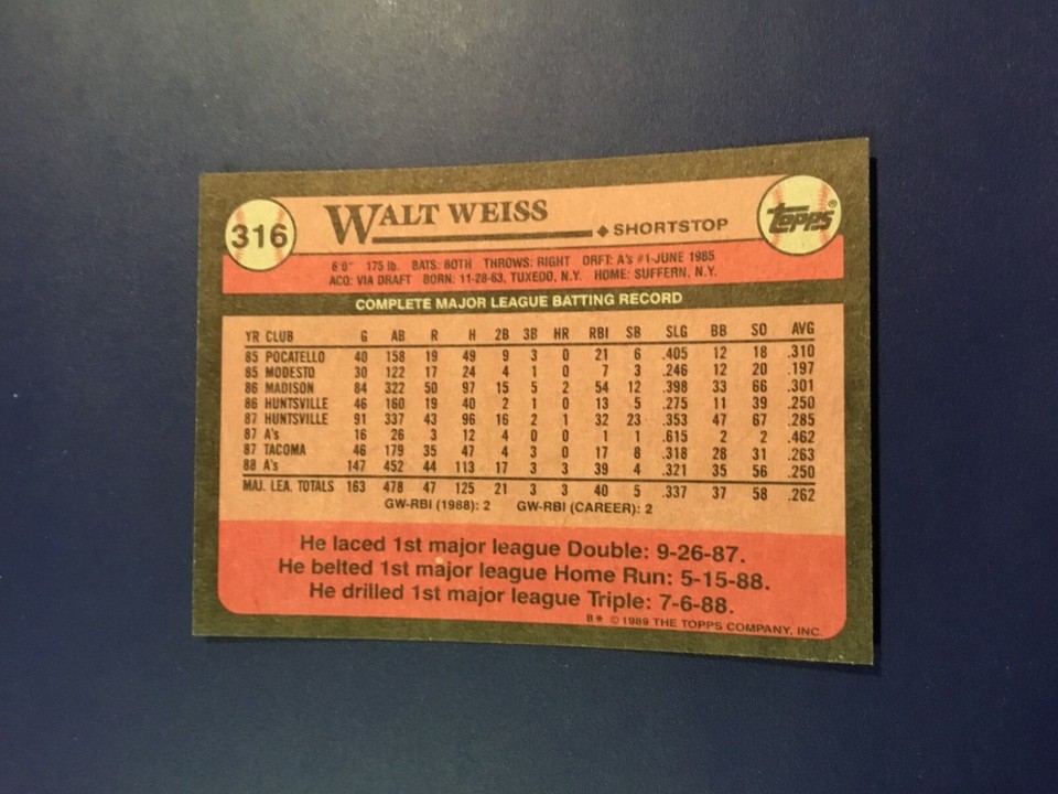 1989 Topps # 316 WALT WEISS Oakland Athletics All Star Rookie Gold Cup ...