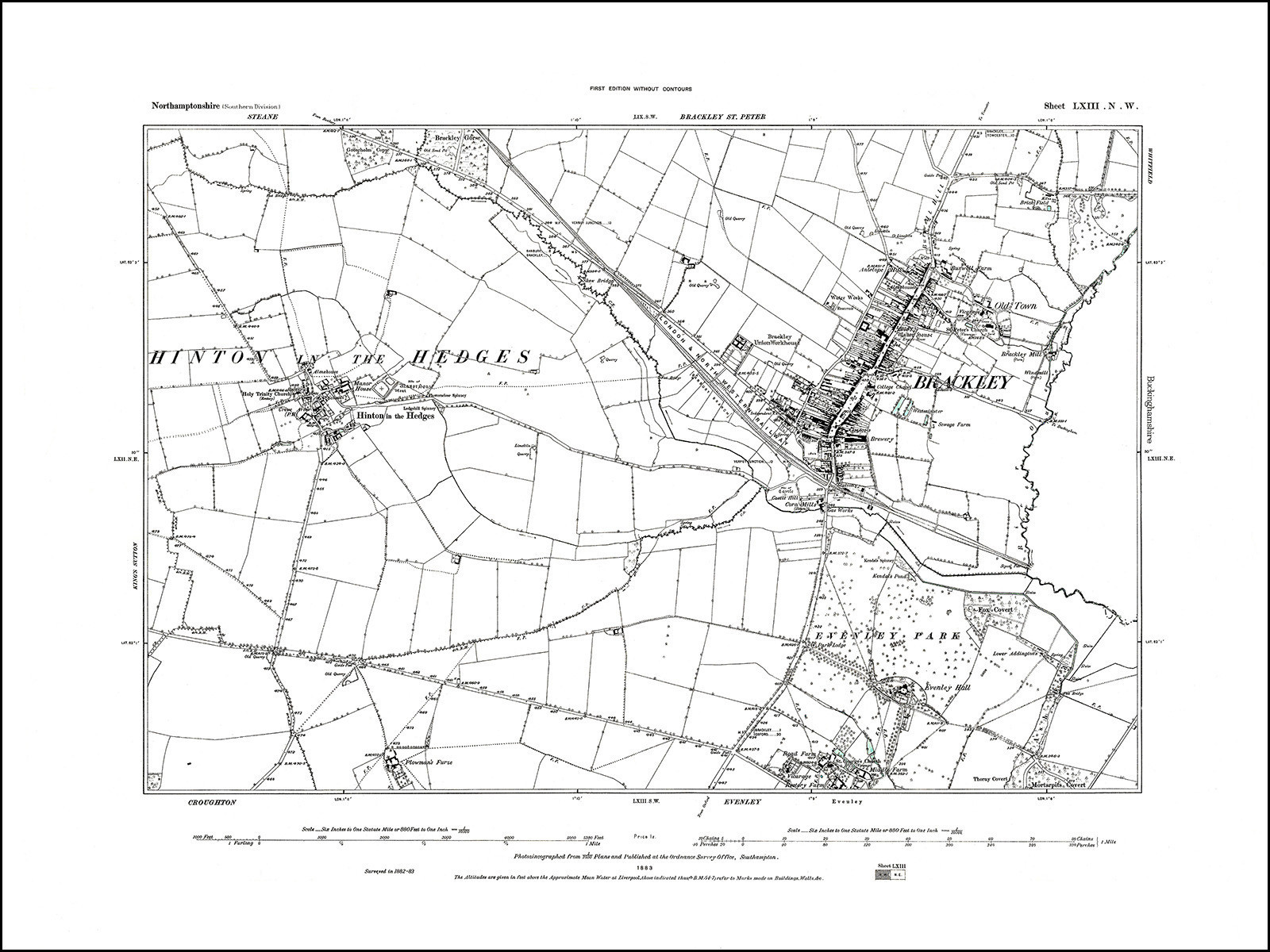 Brackley, Hinton, Evenley north, old map Northants 1883: 63NW repro ...