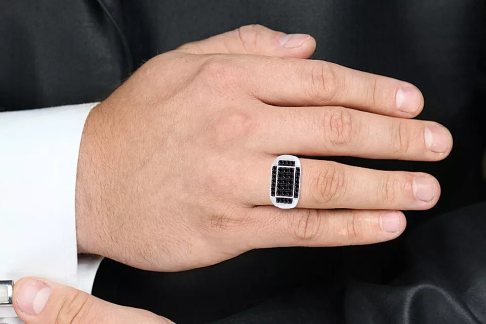 1 Ct Men's Weddg Band Ring Black Natural Diamond 14K White Gold Plated ...