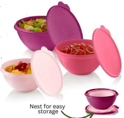 NEW Tupperware 3 x Wonderlier Bowls Mixing Bowls with Lids Pink Set 2 ...
