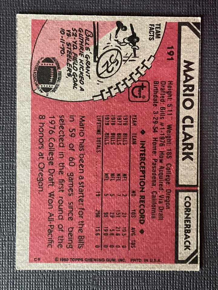 Mario Clark 1980 Topps Football Card #191 - Buffalo Bills Cornerback NM ...