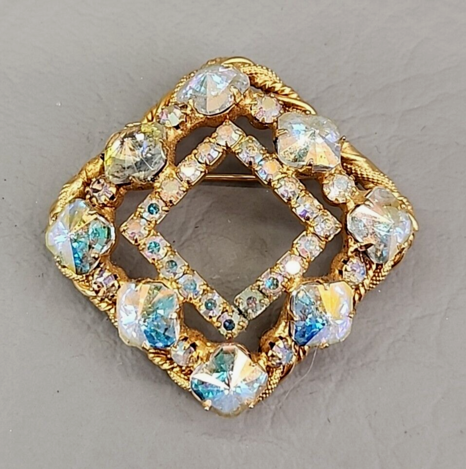Rivoli Rhinestone Brooch Vtg Iridescent Gold Tone Square Jewelry Pin 1 ...