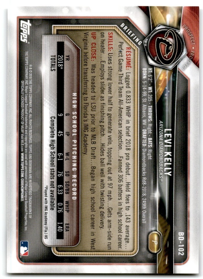 2018 Bowman Draft Levi Kelly Arizona Diamondbacks #BD-102 | eBay