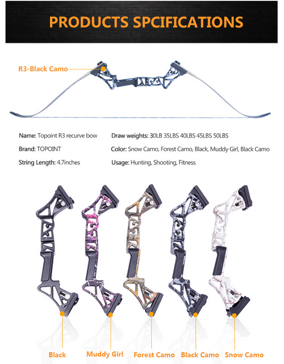 Topoint R3 Recurve Bow Set Archery Takedown R3 58 Inch RH Target ...