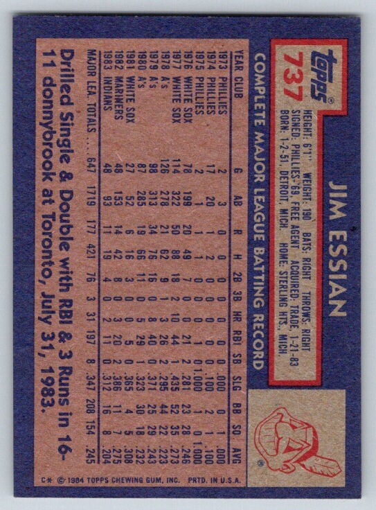 1984 Topps #737 Jim Essian Indians | eBay
