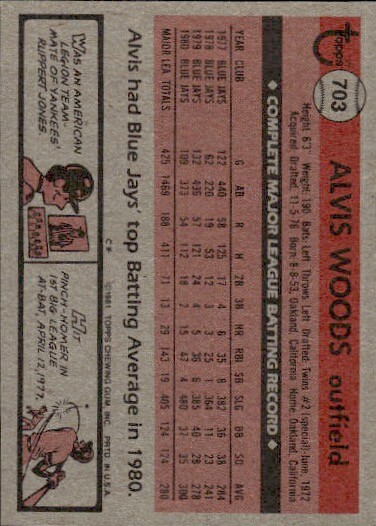 1981 Topps #703 Alvis Woods Toronto Blue Jays Baseball | eBay