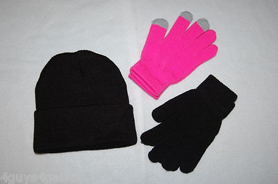 Womens Juniors BLACK KNIT STOCKING HAT Two Pair Stretchy Gloves HOT ...