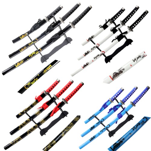 3pc Ninja Japanese Samurai Katana Sword Set with Stand New Heavy Duty ...