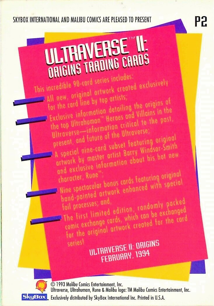 1993 SkyBox Ultraverse II: Origins Trading Card Promo #P2 Malibu Comics ...