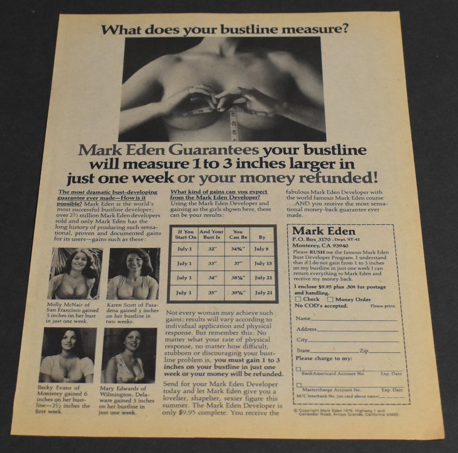 1977 Print Ad Sexy Mark Eden Bustline Measure Increase Feminine Beauty Art Lady | eBay