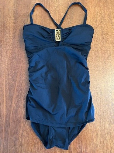 Anne Cole Tummy Control One Piece Cross Back Swim suit Black Gold Metal ...