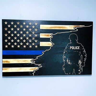 Handmade Thin Blue Line Wood Flag USA 14x24 Engraved Police Officer LEO ...