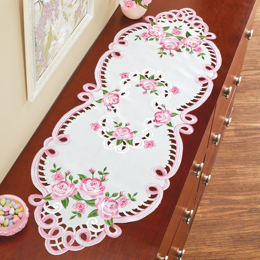 Pink Roses Table Runner 45x15" Embroidered Cutwork Spring Summer Dresser Scarf | eBay
