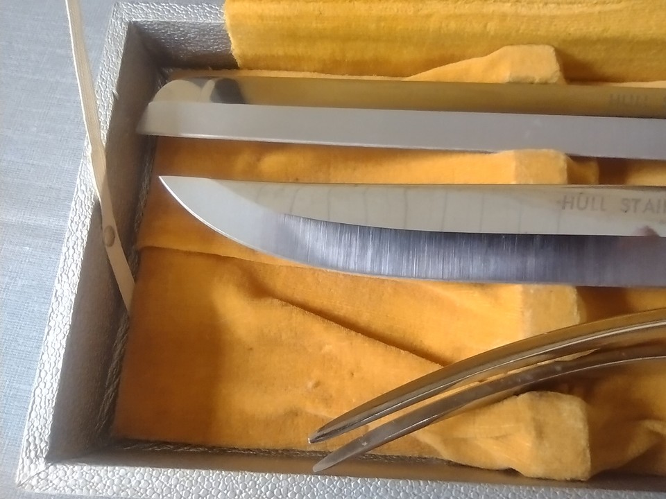 VINTAGE HULL 3 pc. STAINLESS STEEL CARVING KNIFE SET w/WOOD HANDLES ...