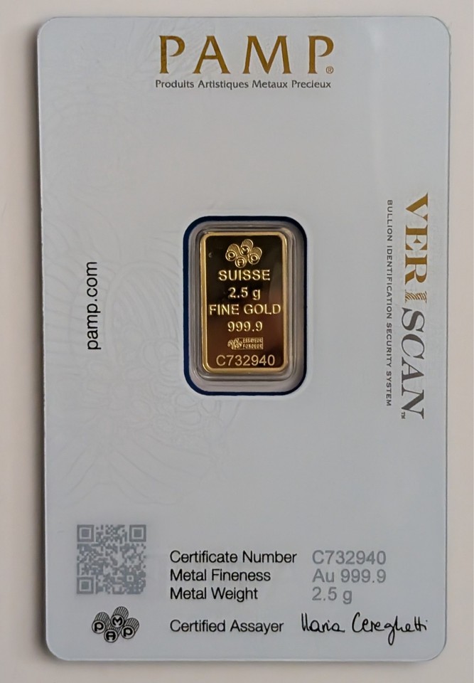 (NEW IN ASSAY CARD) 2.5 GRAM GOLD BAR PAMP SUISSE FORTUNA VERISCAN SKU ...