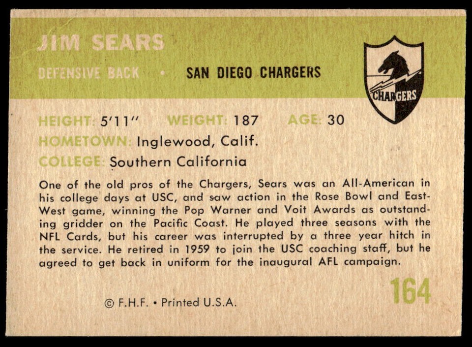 1961 Fleer #164 Jim Sears FOOTBALL San Diego Chargers | eBay
