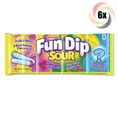 6x Packets Lik-m-aid Fun Dip Assorted 3 Flavor Sour Stix & Powder Candy ...