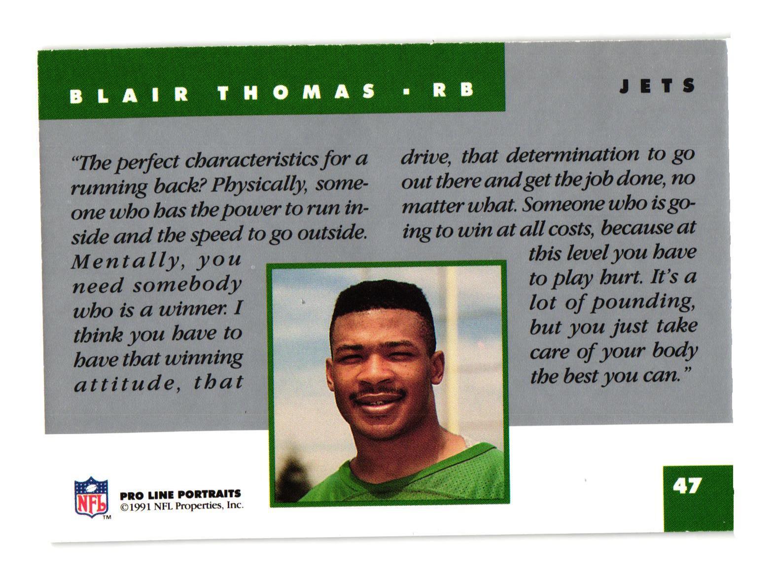 1991 Pro Line Portraits #47 Blair Thomas New York Jets | eBay