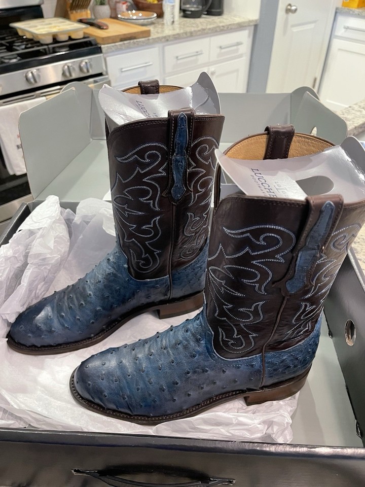 LUCCHESE men's Sz 8.5D Hudson Blue Full Quill Ostrich boots with box | eBay