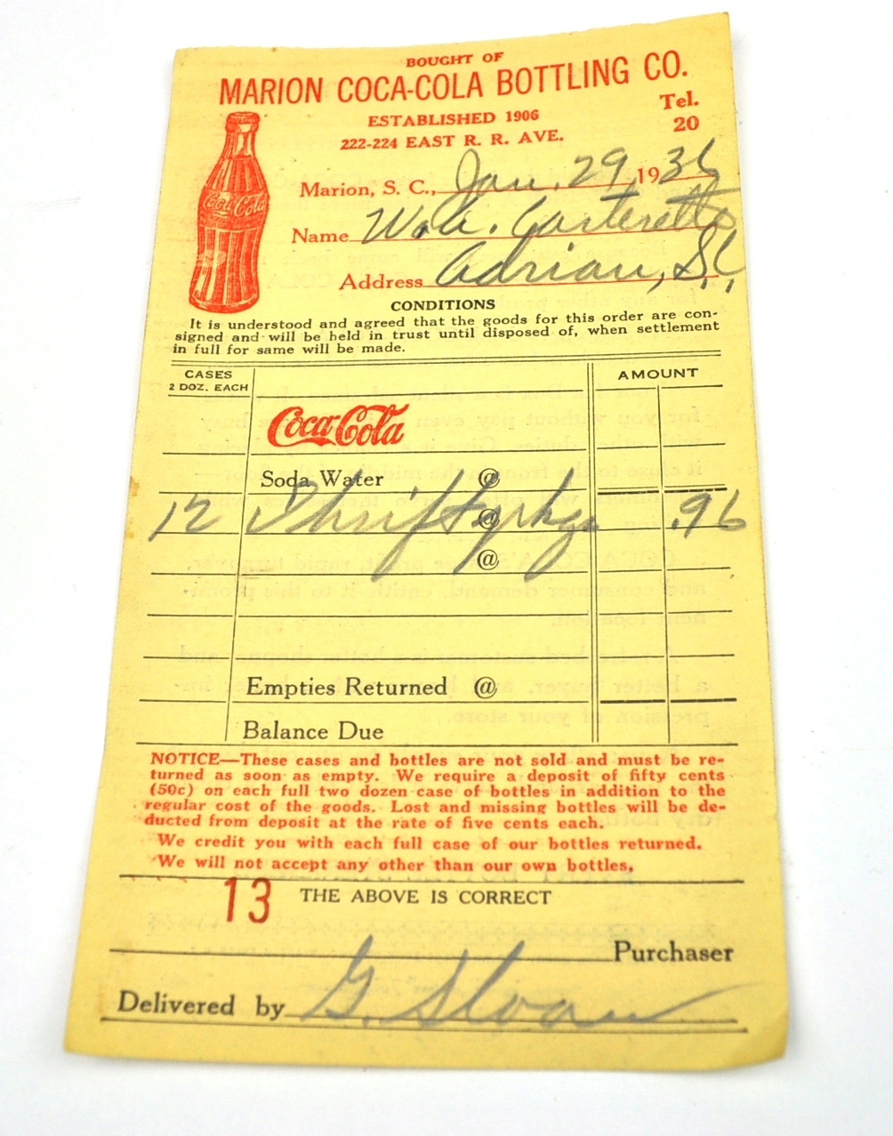 Coca-Cola Driver Order Form USA 1930 Coke Sheet Marion Bottling Co. Red ...